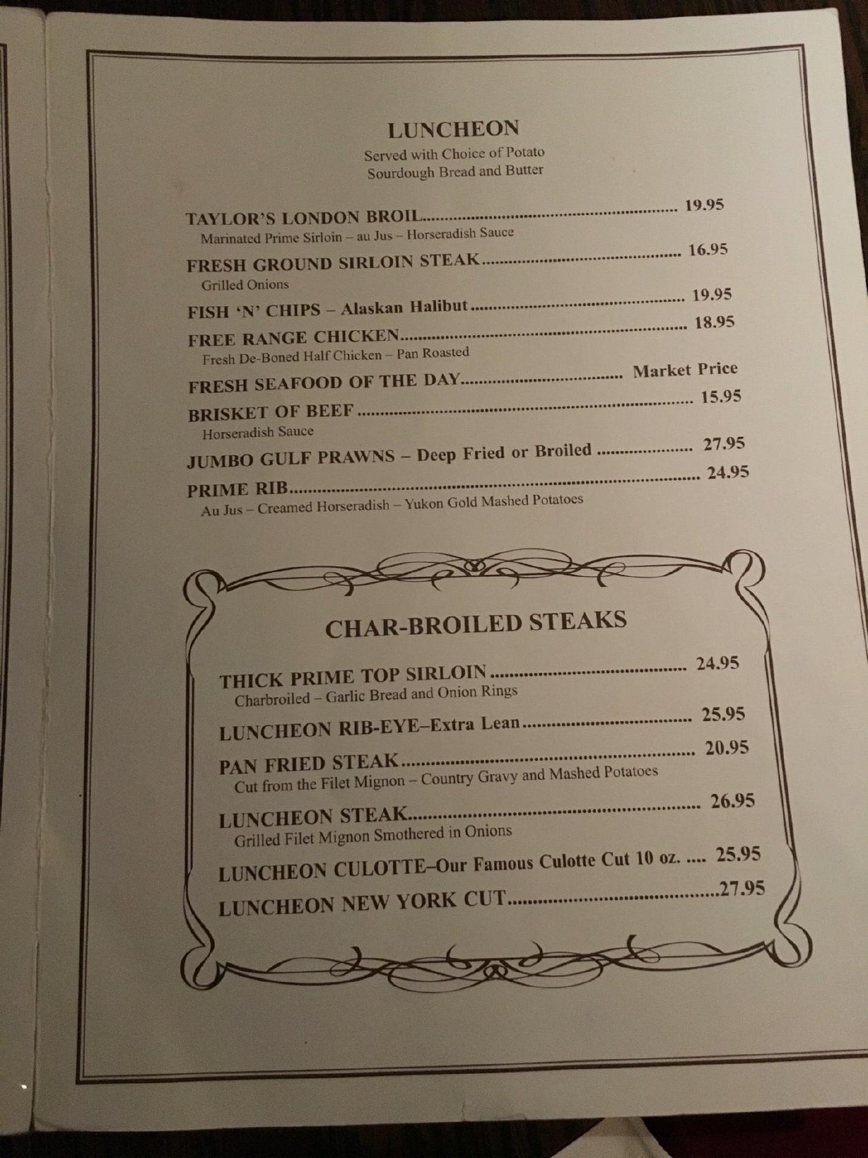 Menu at Taylor's Steak House steakhouse, Los Angeles