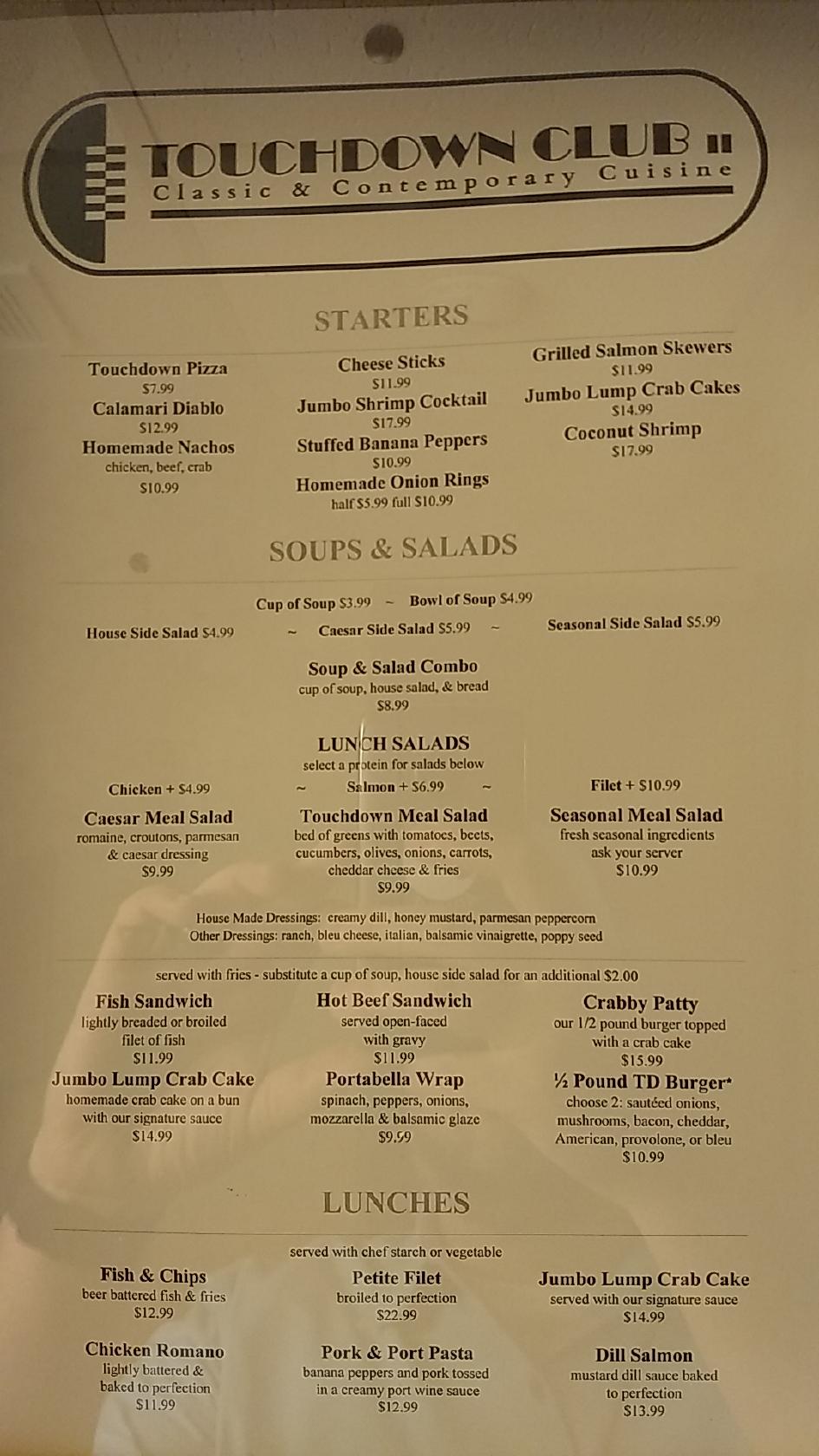 Menu at Touchdown Club II, Latrobe