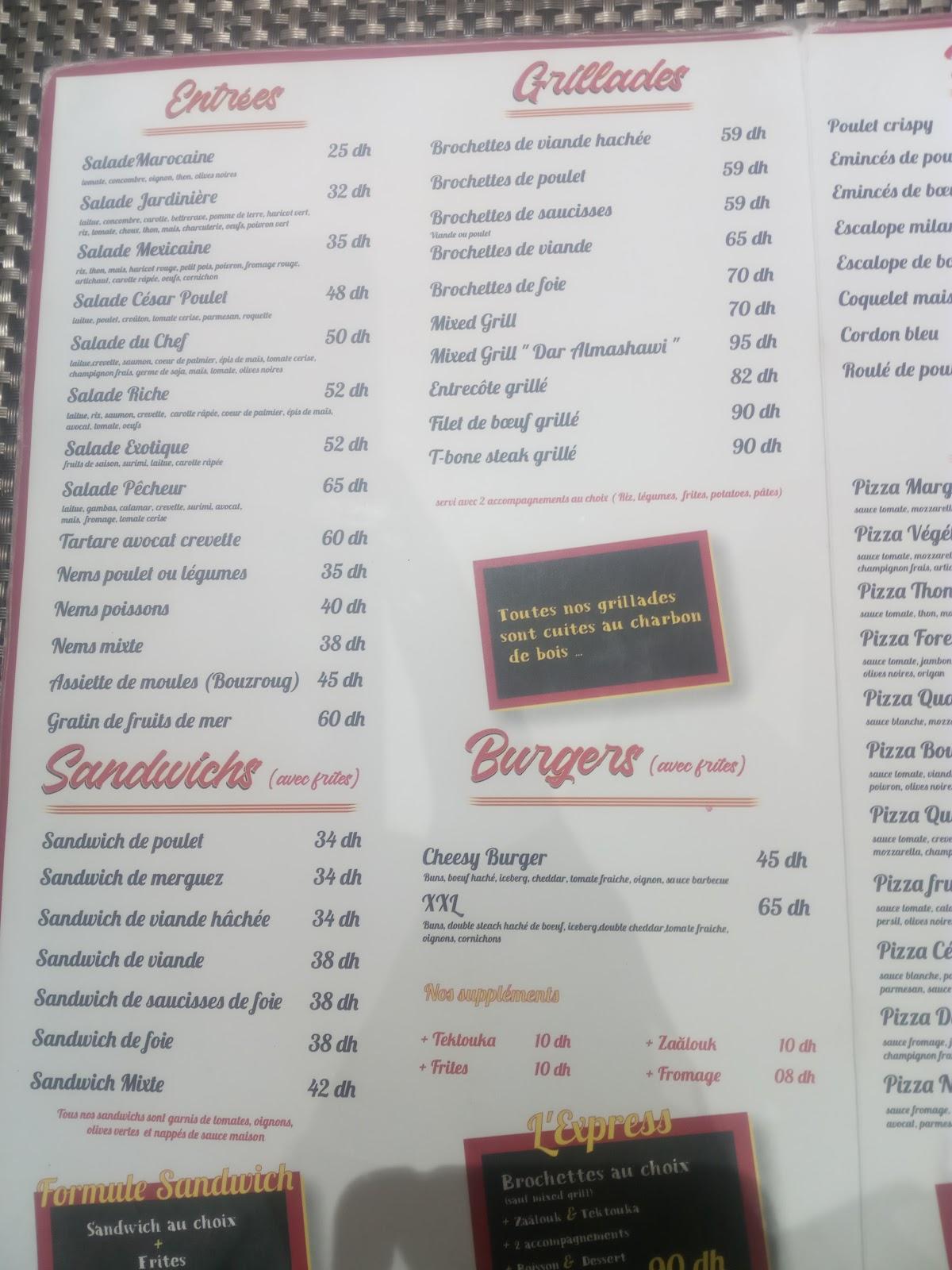 Menu at Dar Al Mashawi restaurant, Casablanca