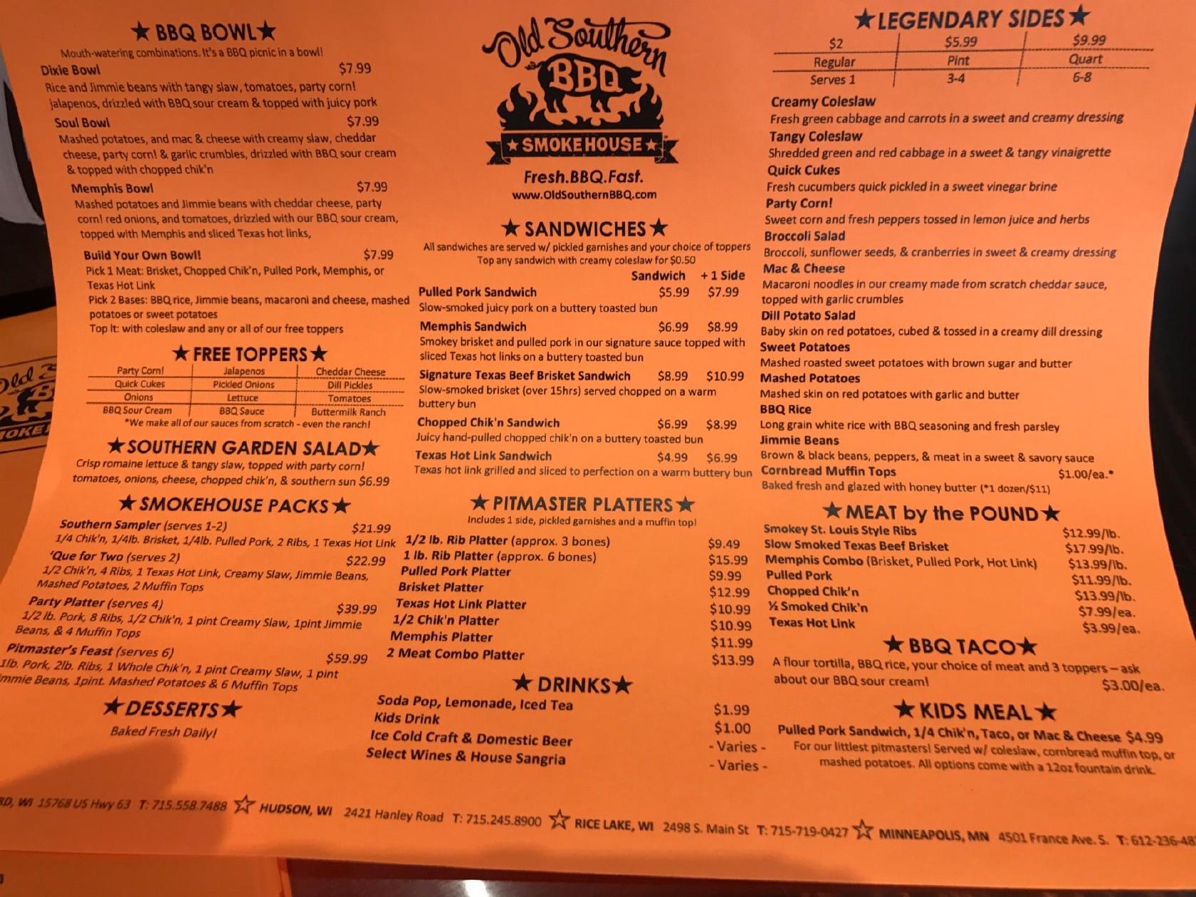 Menu at Old Southern BBQ - 44th & France, Minneapolis