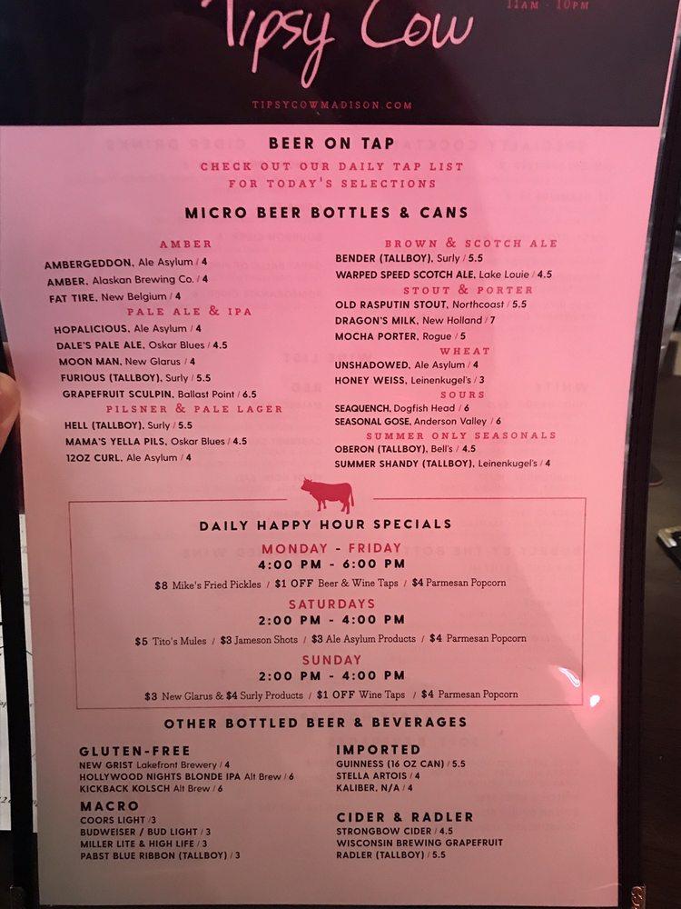 Menu at Tipsy Cow Sun Prairie restaurant, Sun Prairie