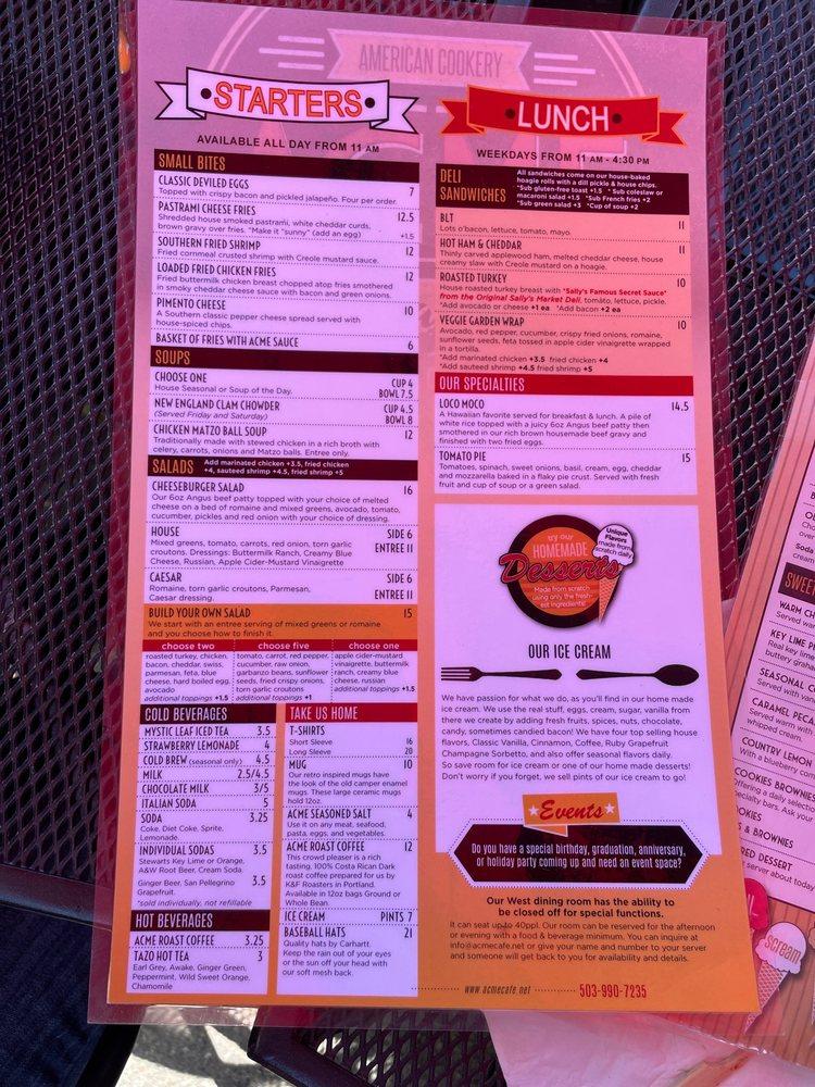 Menu at ACME Cafe, Salem