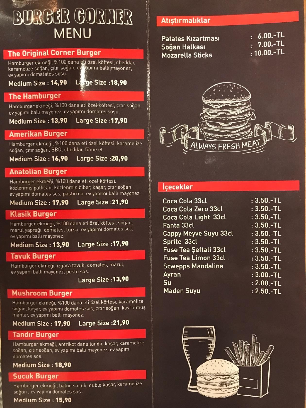 Menu at Burger corner, Istanbul
