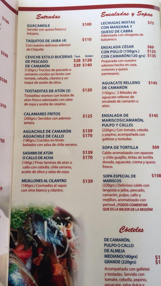 Menu at Mar y Sol restaurant, Bucerías