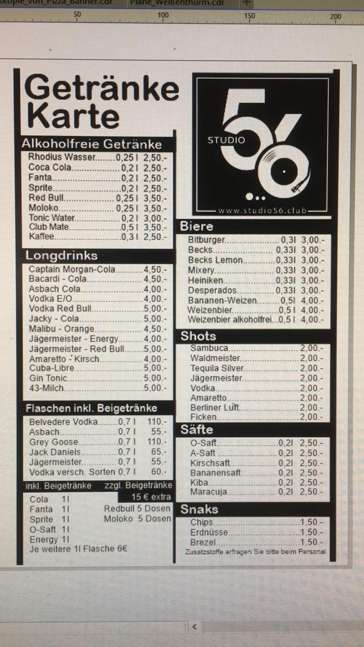 Menu at Studio 56 Underground Techno Club, Koblenz