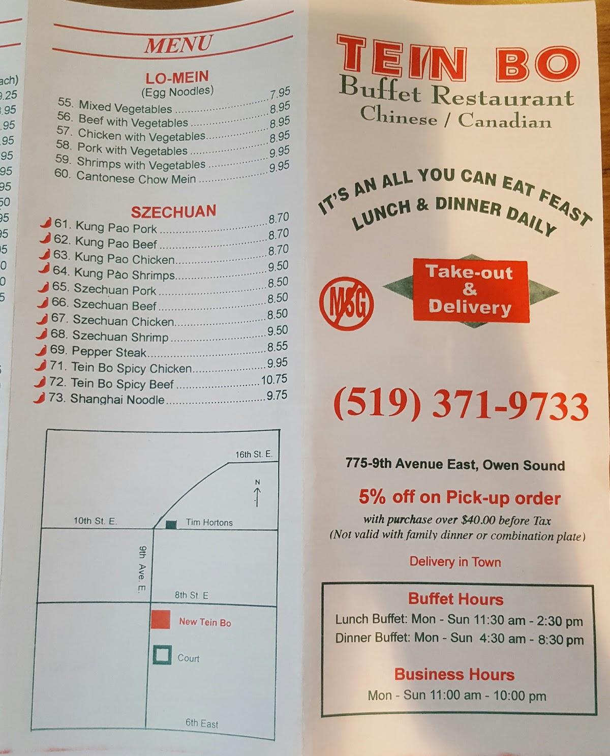 Menu at Tein Bo Restaurant, Owen Sound