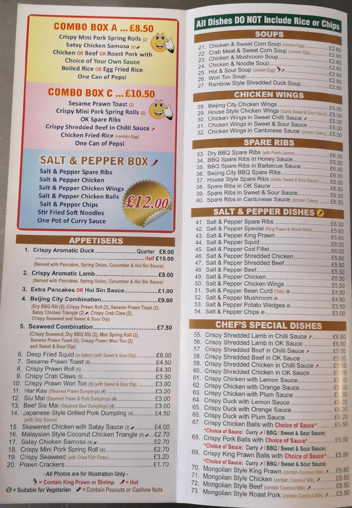 Menu at Beijing City Chinese takeaway fast food, Stockport