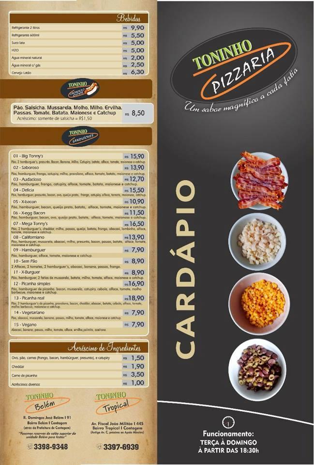 Menu at Toninho Pizzas e sanduíches pizzeria, Contagem