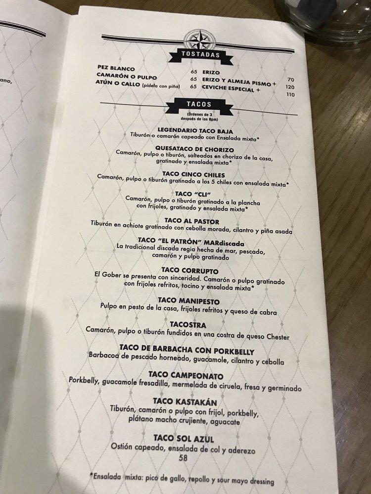 Menu at Black Market Cocina de Ensenada restaurant, San Pedro Garza García