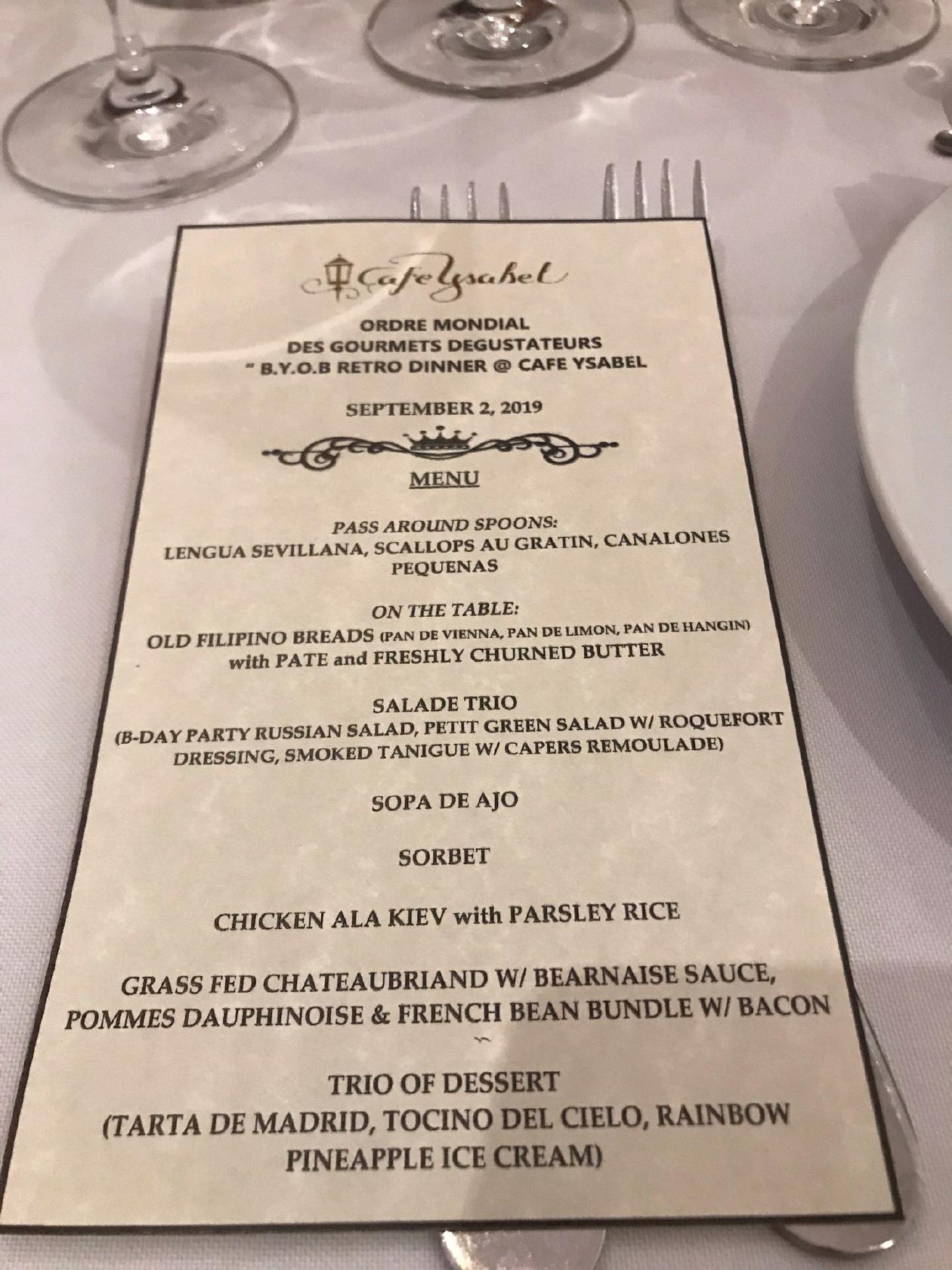 Menu at Café Ysabel cafe, San Juan, 175 M. Paterno