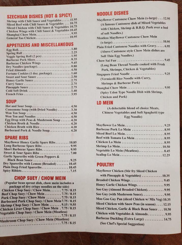Menu at Mayflower Chinese Food restaurant, Toronto