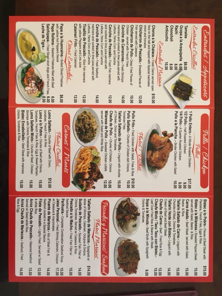 Menu at Mi Chinita Peruana restaurant, Bridgeport
