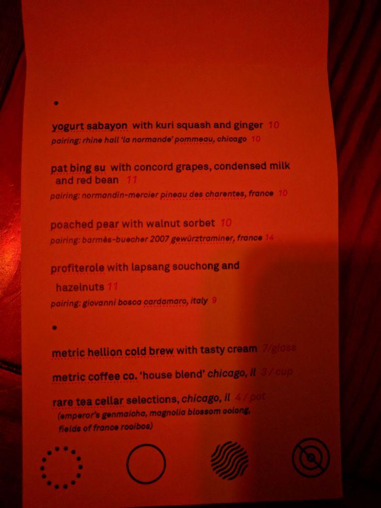 Menu at Parachute restaurant, Chicago