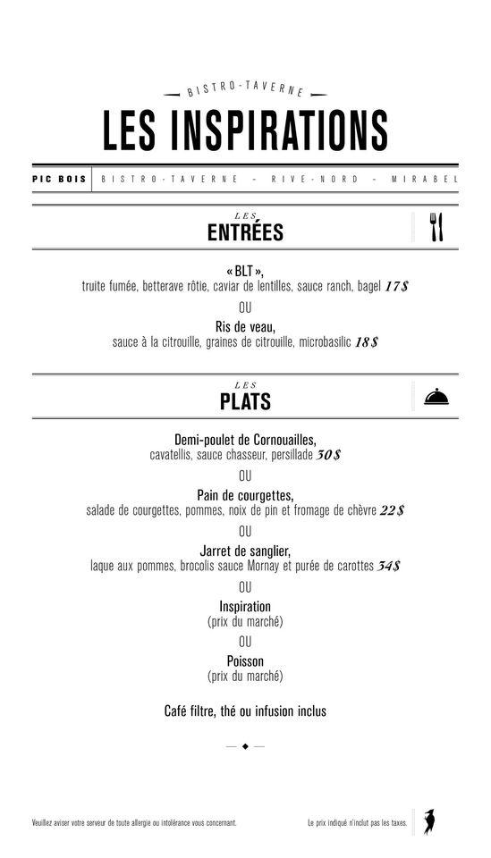 Menu at Pic Bois Bistro Taverne Mirabel pub & bar, Mirabel, Rue de ...