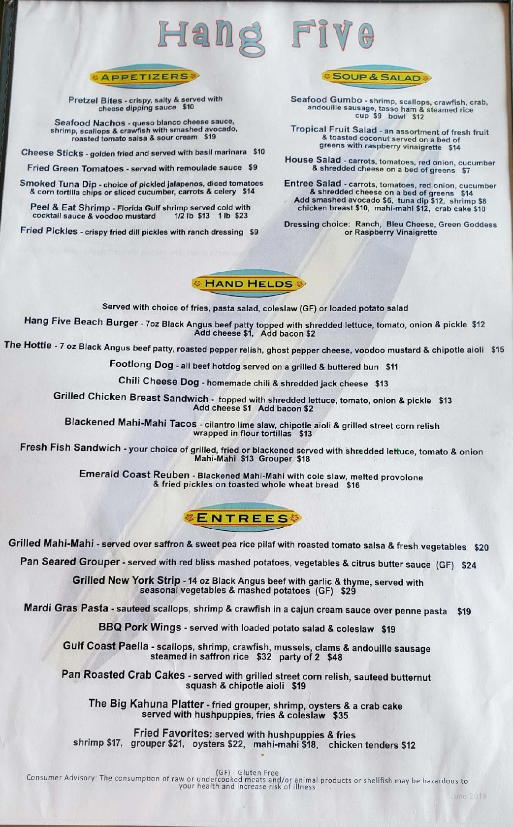 Menu at Señor Frog's Panama City Beach restaurant, Panama City Beach