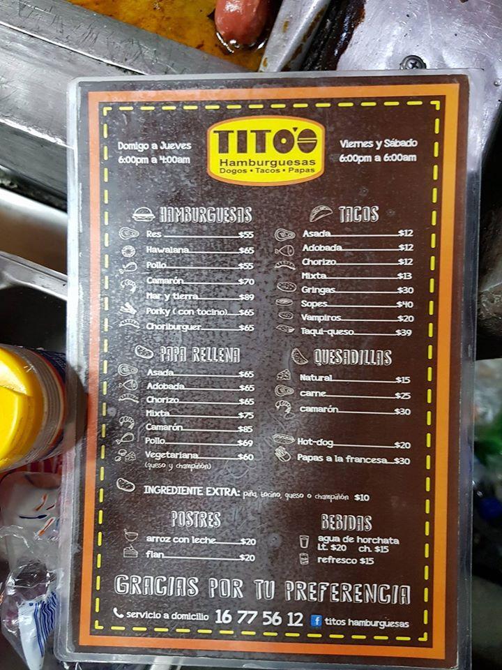 Menu at Titos hamburguesa restaurant, Guadalajara