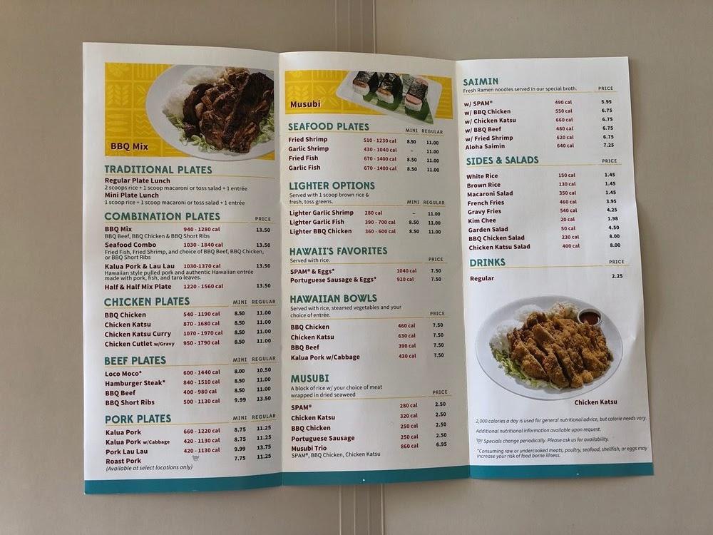 Menu at L&L Hawaiian Barbecue, Tacoma