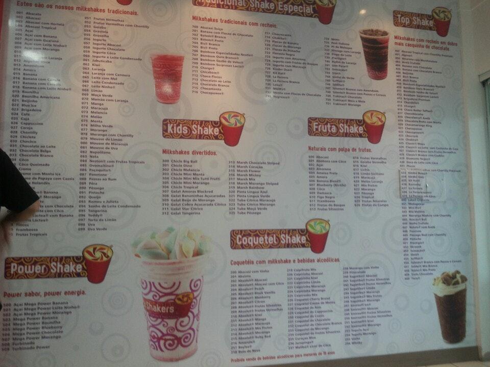 Menu at Milk Shakers, Torres