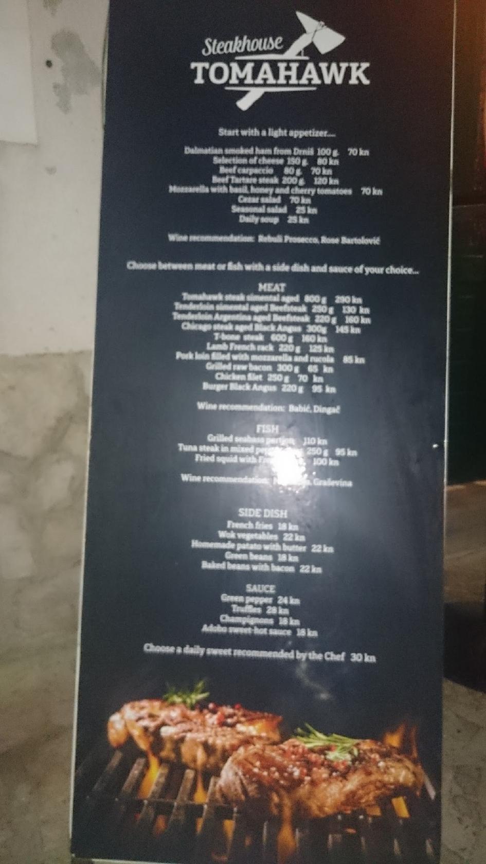 Menu da Steakhouse Tomahawk, Capocesto