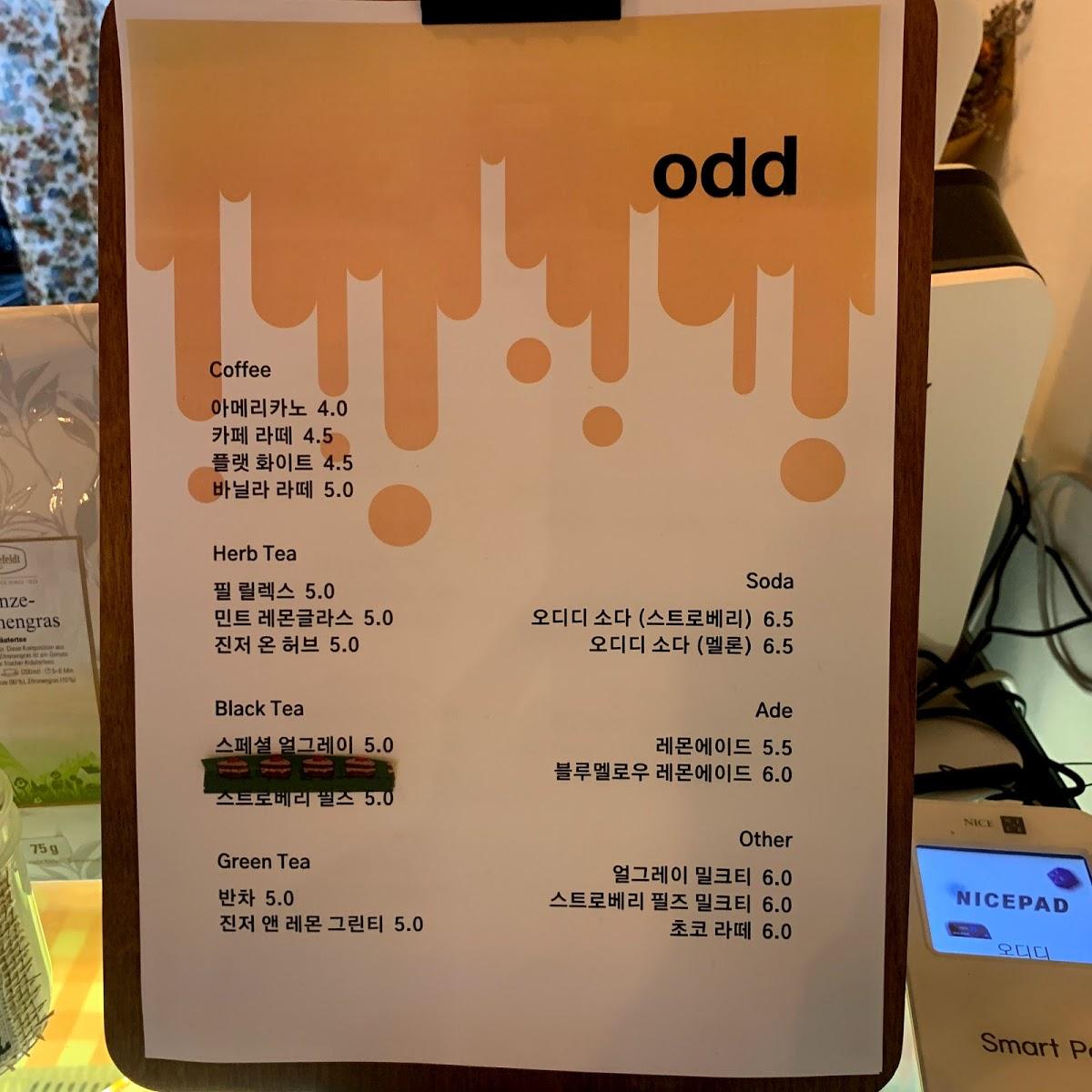 Menu at odd (오디디) cafe, Seoul, 17 World Cup-ro 10-gil