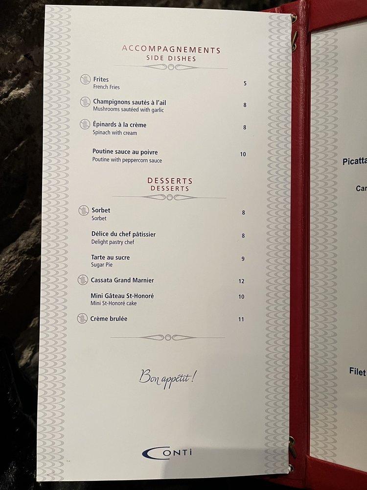 Menu at CONTI - Cuisine Italien / Francaise - Fruit de Mer / Burgers ...