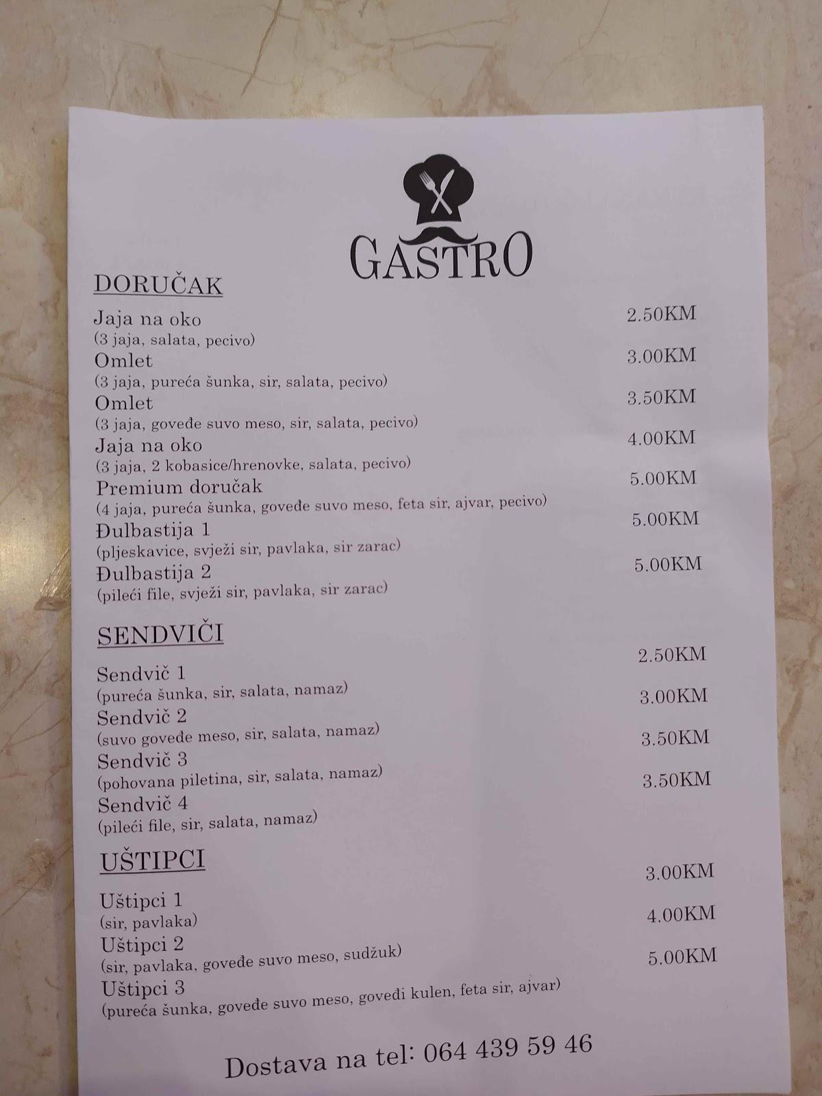 Menu at Gastro food restaurant, Brčko