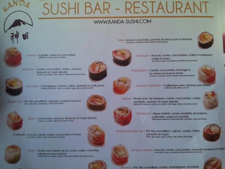 Menu at Kanda sushi restaurant, Laval, Boul. le Corbusier