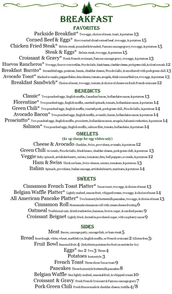 Menu at Parkside Cafe Evergreen, Evergreen