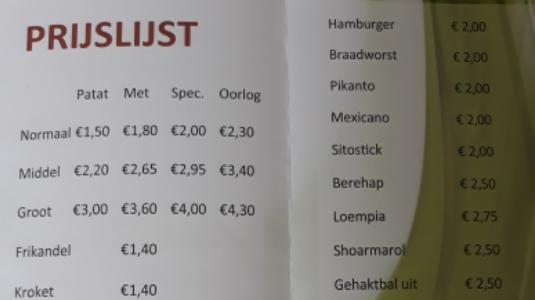Menu at Patatkraam snackbar Duinkerken Gramsbergen, Gramsbergen