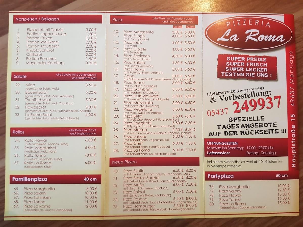 Speisekarte von Pizzeria La Roma, Menslage