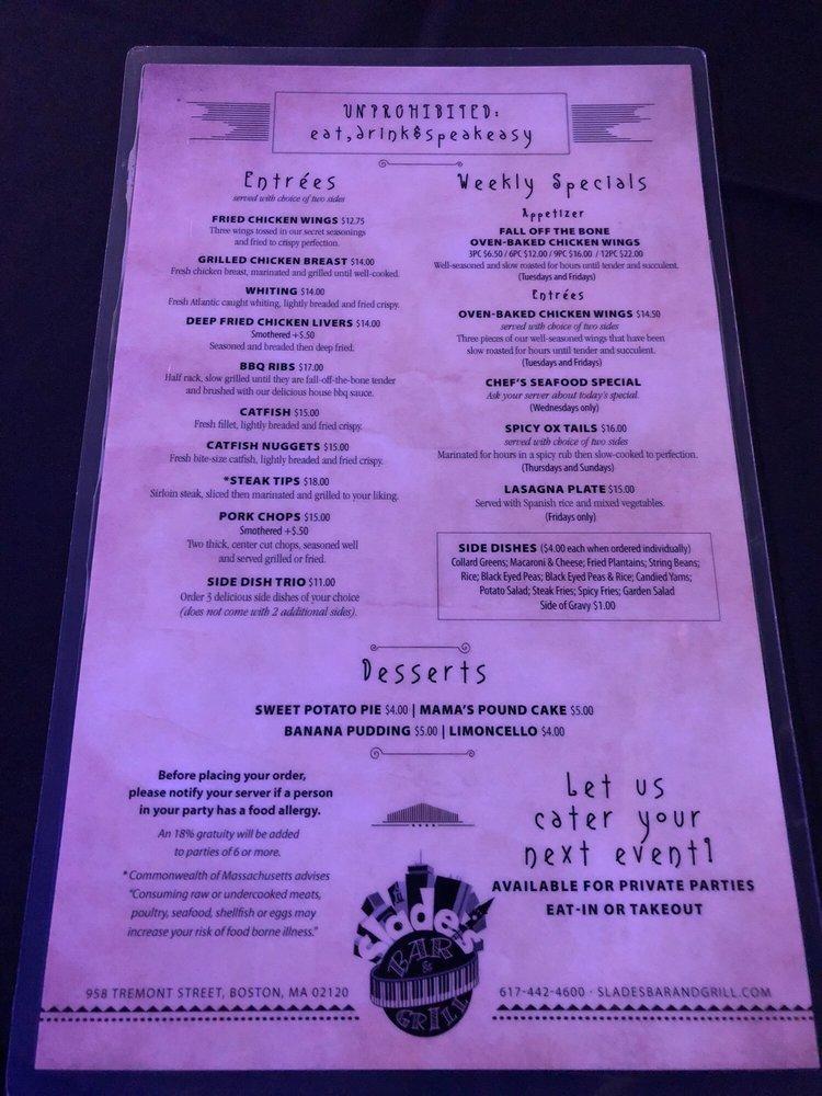 Menu at Slades Bar & Grill, Boston