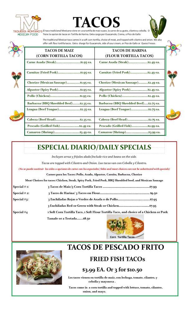 Menu at Taqueria Montano's restaurant, Port St. Lucie