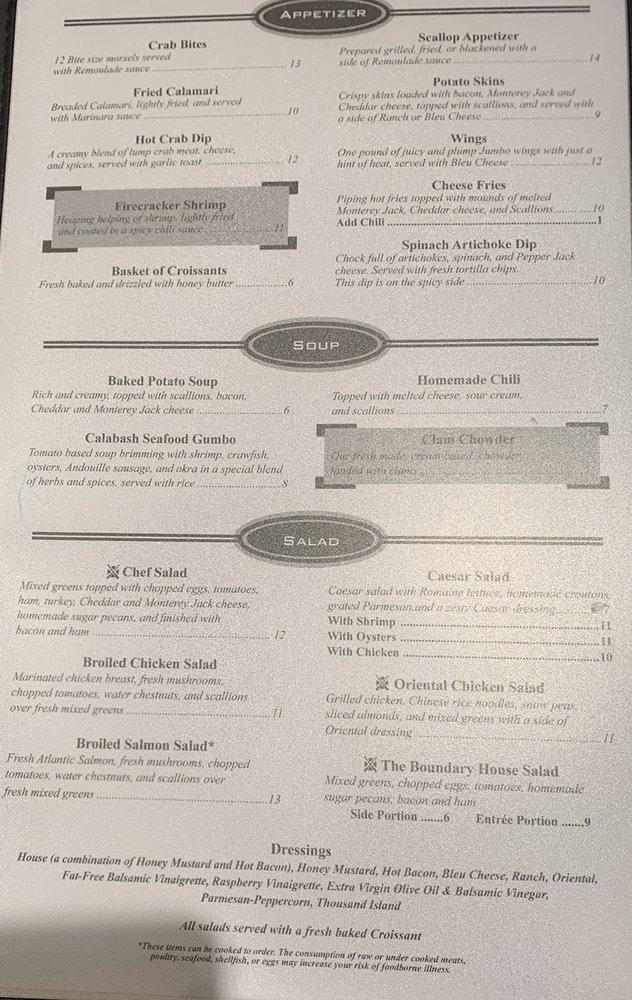 Menu at The Boundary House Restaurant, Calabash
