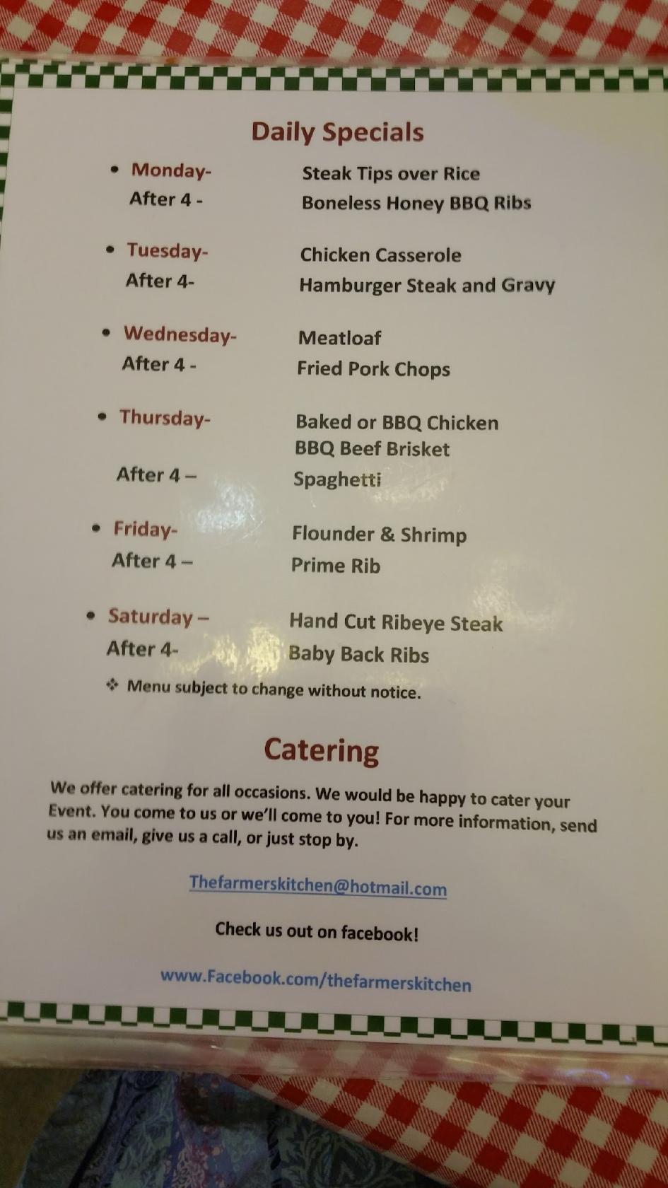 Menu at The Farmer's Kitchen restaurant, Bunn