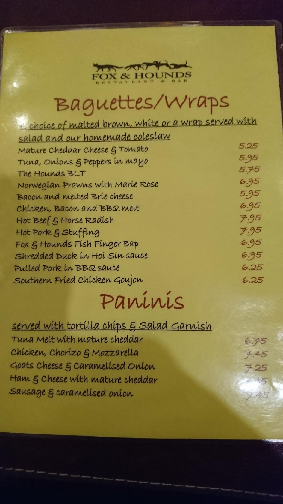 Menu at Fox & Hounds pub & bar, Wakefield