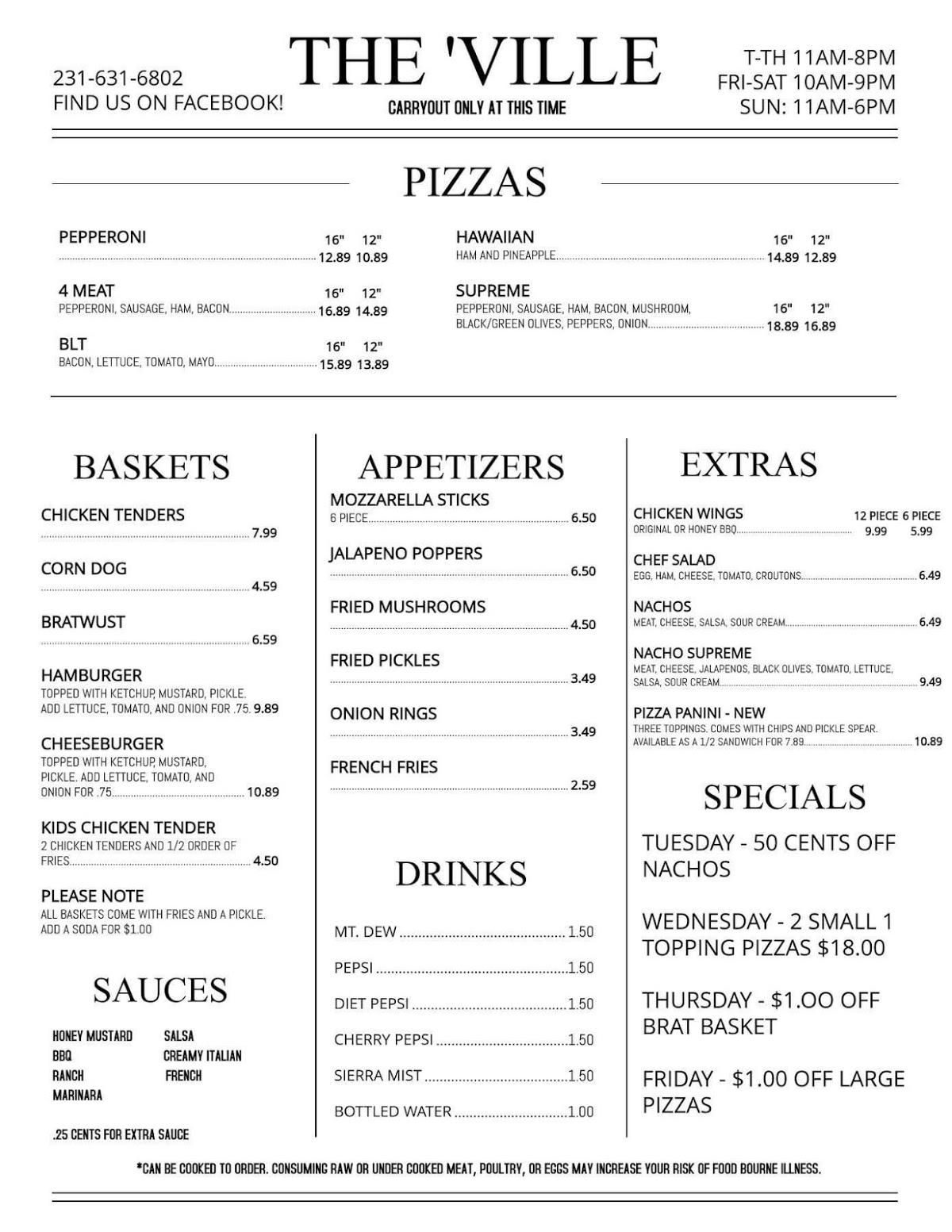 Menu at The Ville restaurant, Scottville