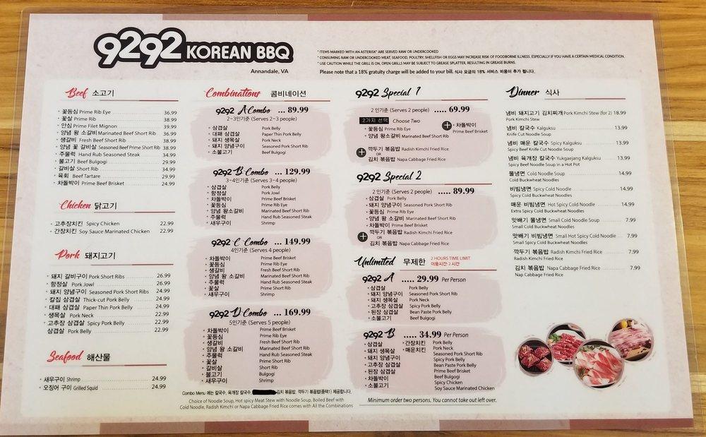 Menu at 9292 Korean BBQ, Annandale