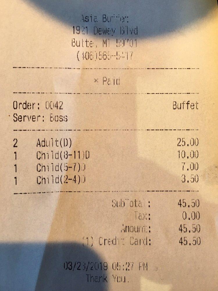 Menu at Asia Buffet restaurant, Butte