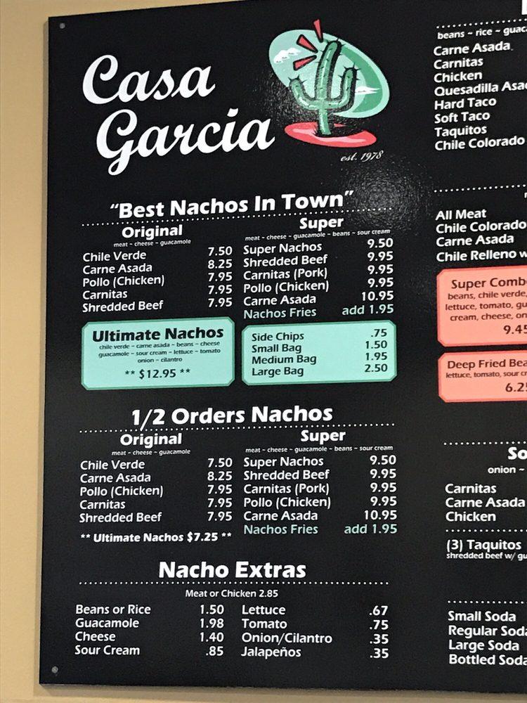 Menu at Casa Garcia restaurant, Pico Rivera, Whittier Blvd