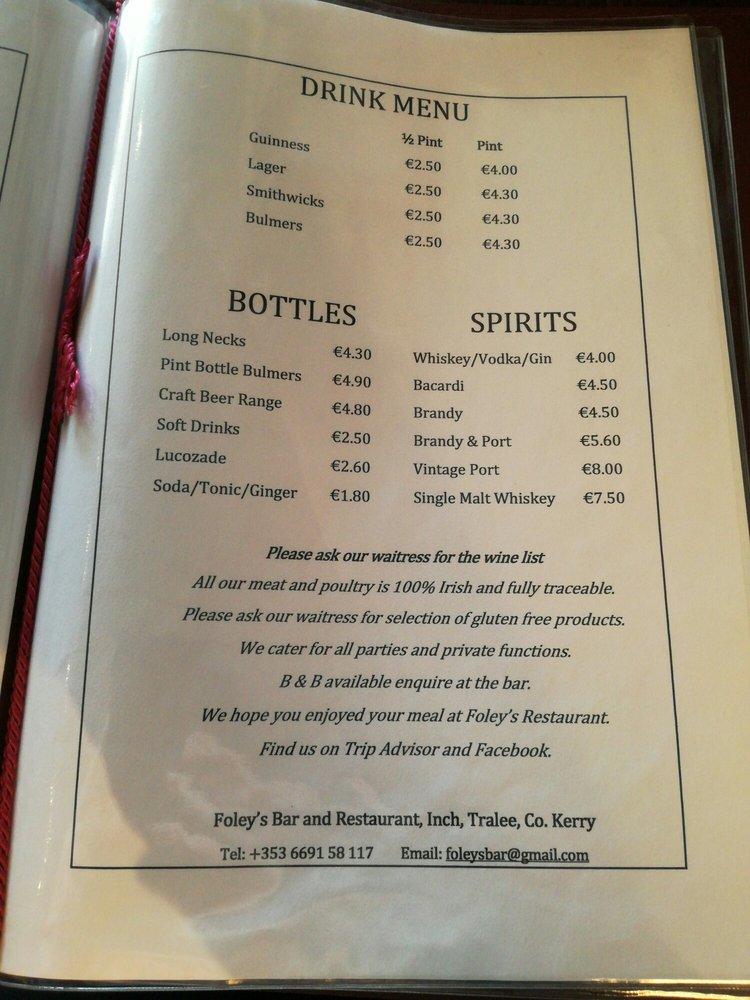 Menu at Foleys Bar & Restaurant, Ireland, East Inch