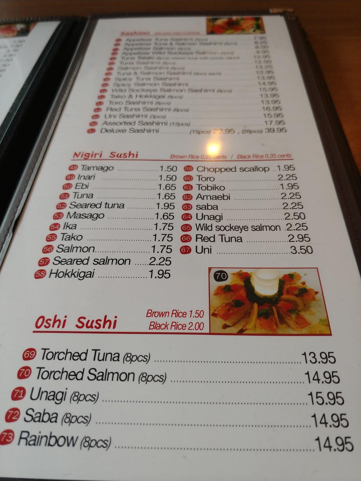 Menu at Osaka Sushi restaurant, Vancouver, Burrard St