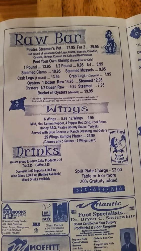 Menu at Pirates Deck pub & bar, Oak Island, E Oak Island Dr