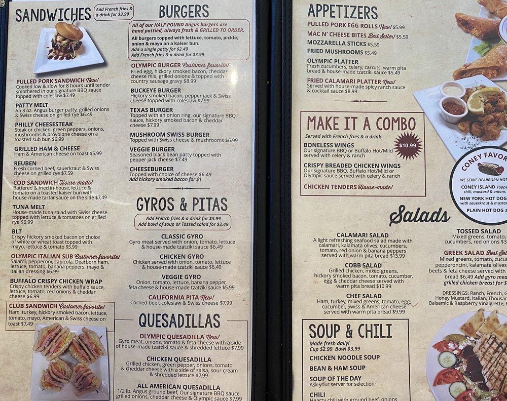 Menu at The Olympic Diner restaurant, Hilliard