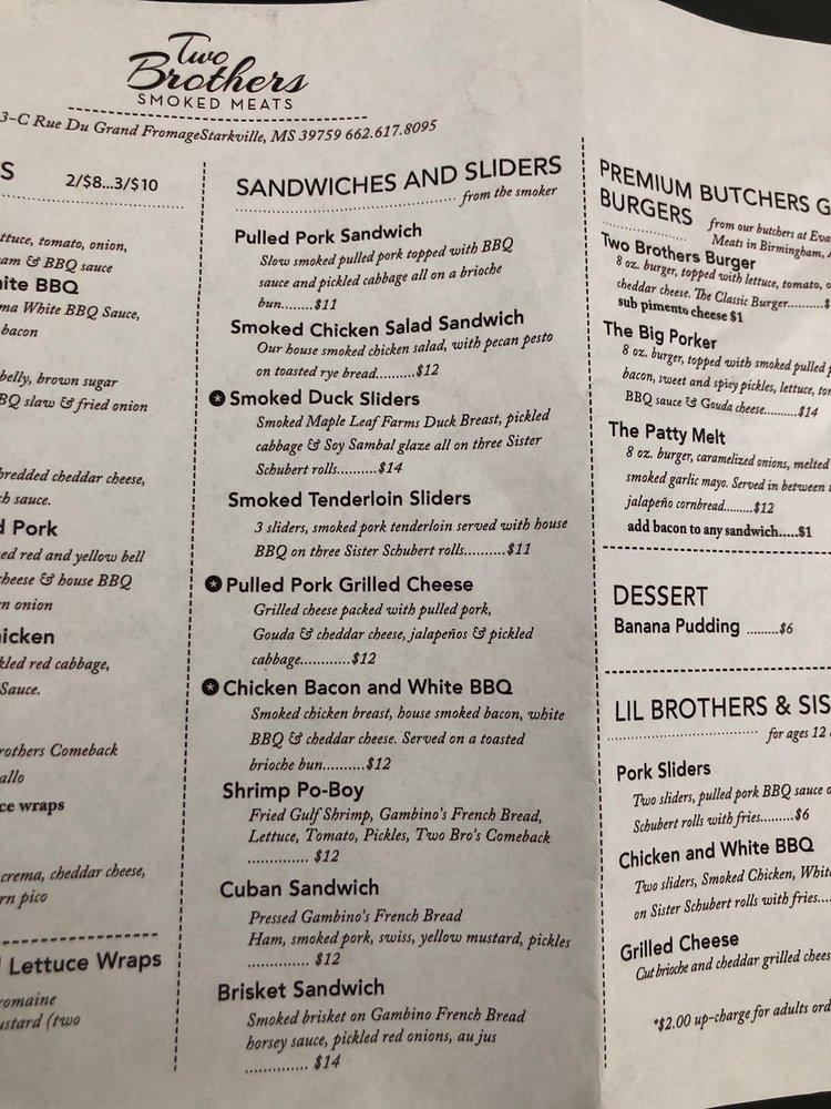 Menu at Two Brothers Smoked Meats BBQ, Starkville