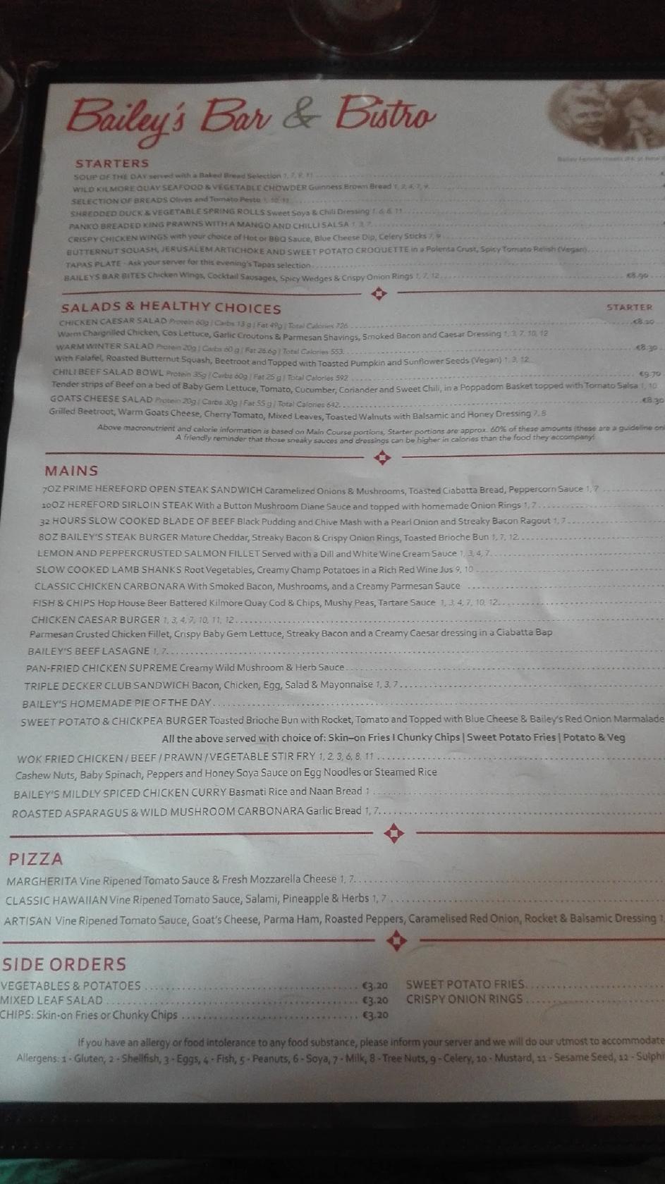 Menu at Bailey's Bar & Bistro, Athy