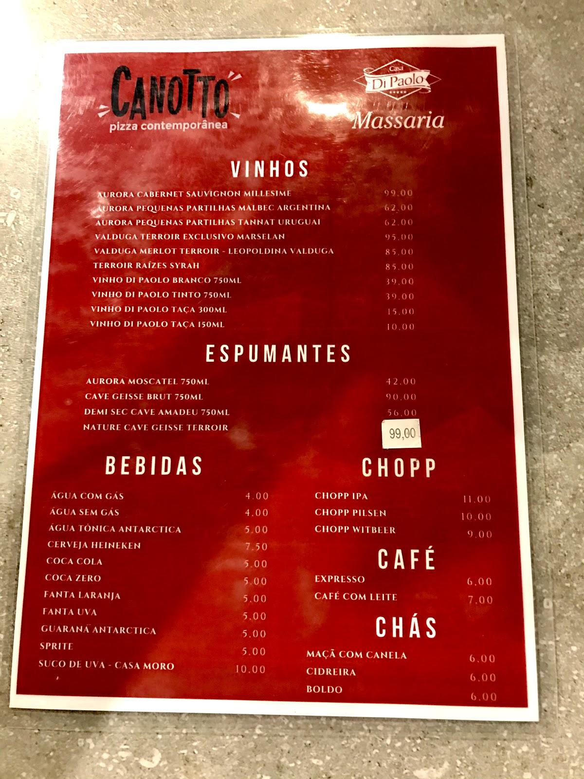 Menu at Canotto Pizza Contemporânea restaurant, Bento Gonçalves