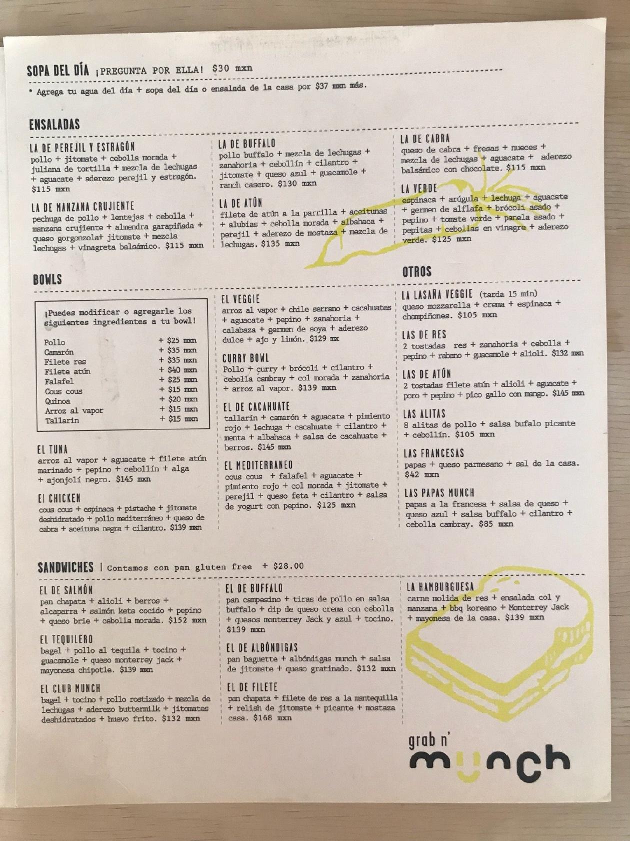 Menu at Munch restaurant, Mexico City, Río Ganges s/n