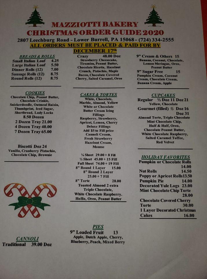 Menu at Mazziotti Bakery, Lower Burrell