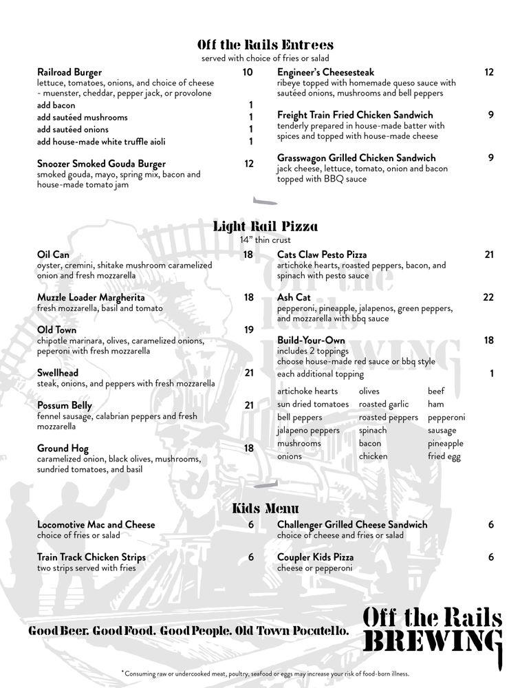 Menu at Off The Rails Brewing restaurant, Pocatello
