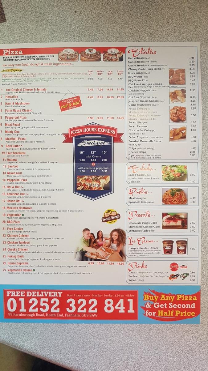 Menu at Pizza House restaurant, Farnham